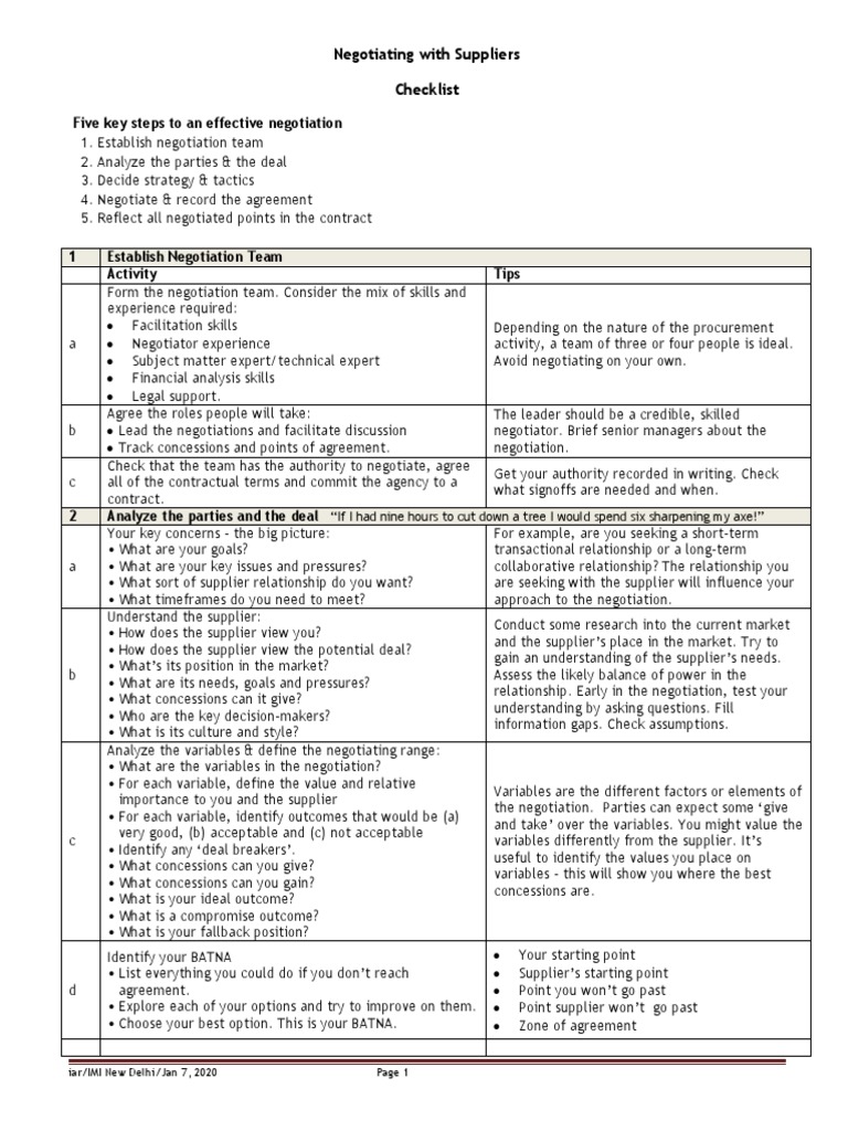 Supplier Negotiation Checklist | PDF | Negotiation | Cognition