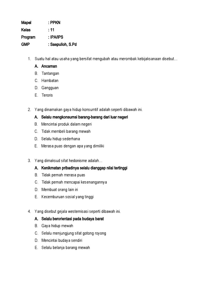 Soal PPKN Kelas 11 | PDF | Politik