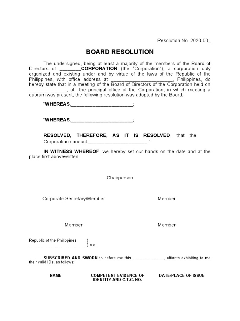 Board Resolution for Corporation Meeting | PDF