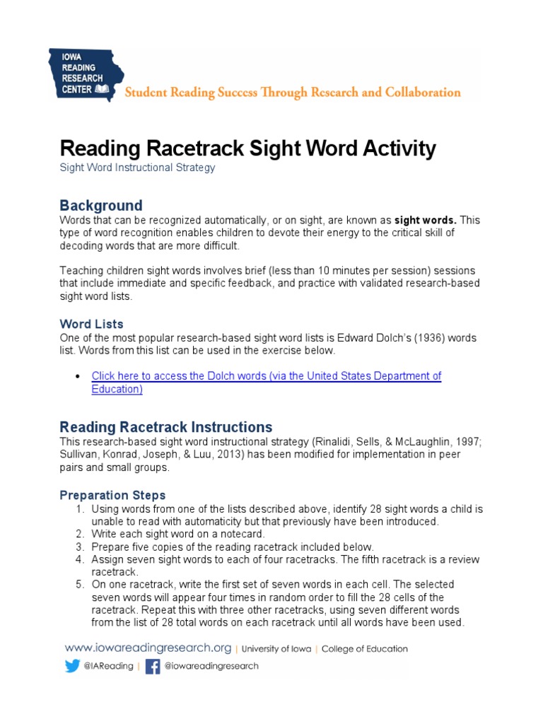 Reading Racetrack Sight Word Activity | PDF | Applied Psychology | Learning