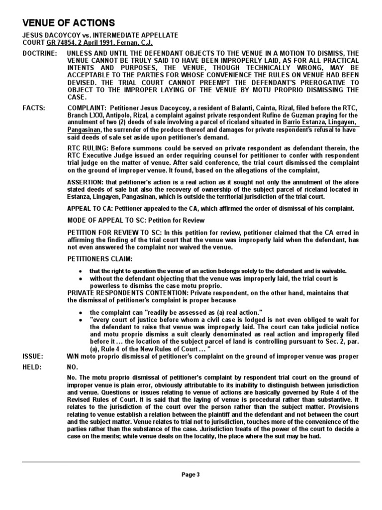 Venue Of Actions Pdf Venue Law Lawsuit