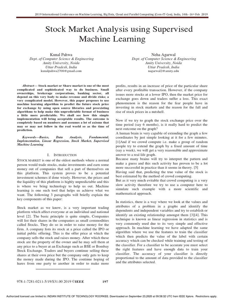 Stock Market Analysis Using Supervised Machine Learning: Kunal Pahwa Neha Agarwal | PDF ...