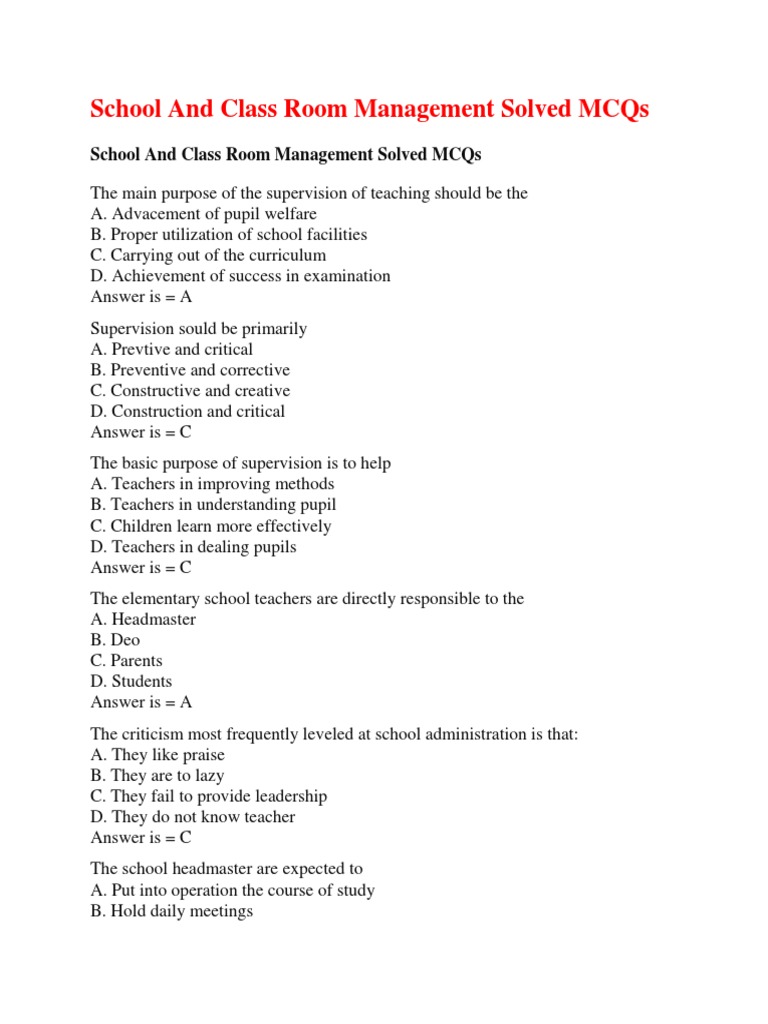 School Management B.Ed-2nd-EDUC-3133 Solved MCQs | PDF | Educational ...