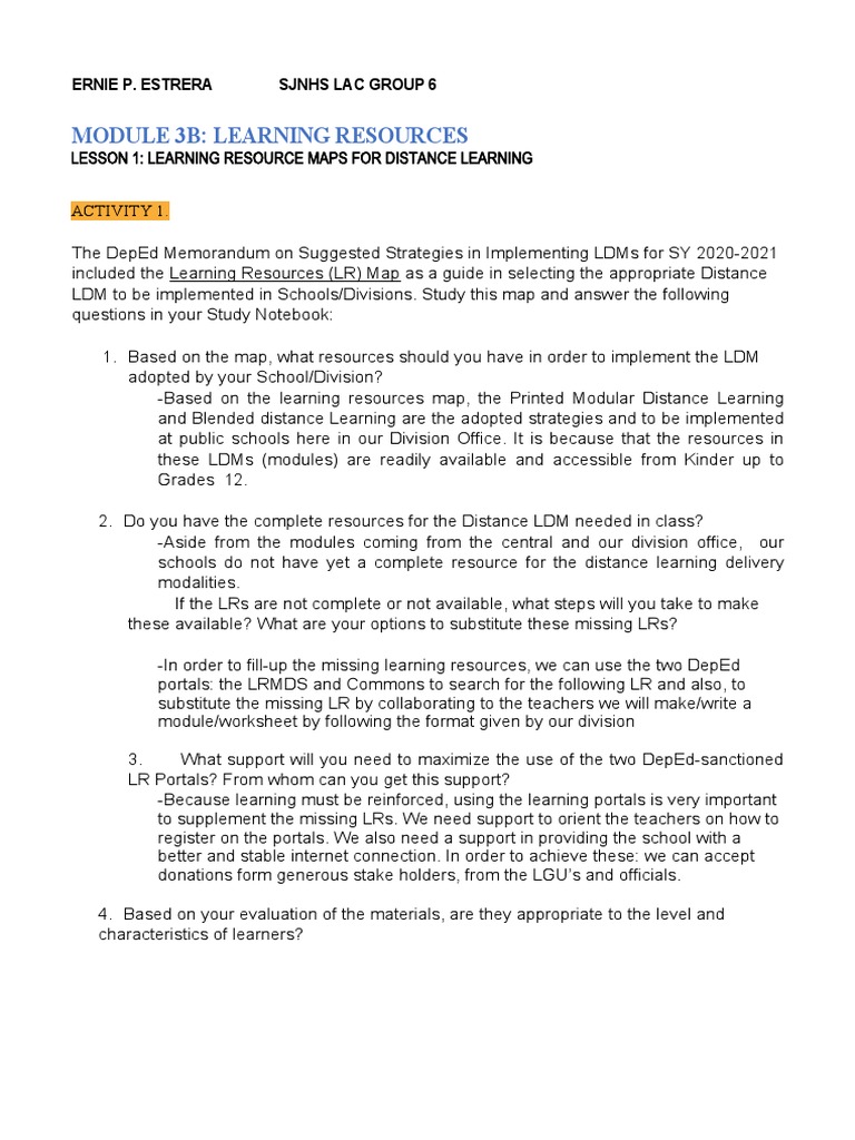 Deped Ldm2 Module 3B-ACTIVITY Answer | PDF | Learning | Teachers