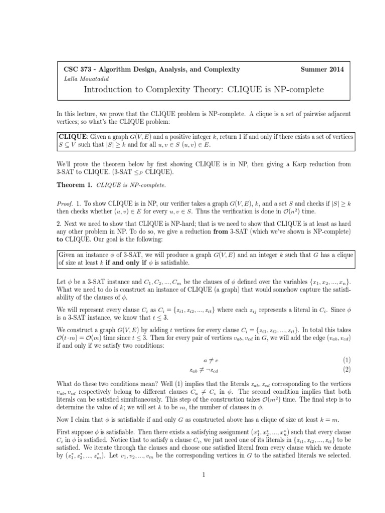 Introduction To Complexity Theory: CLIQUE Is NP-complete | PDF | Applied Mathematics ...
