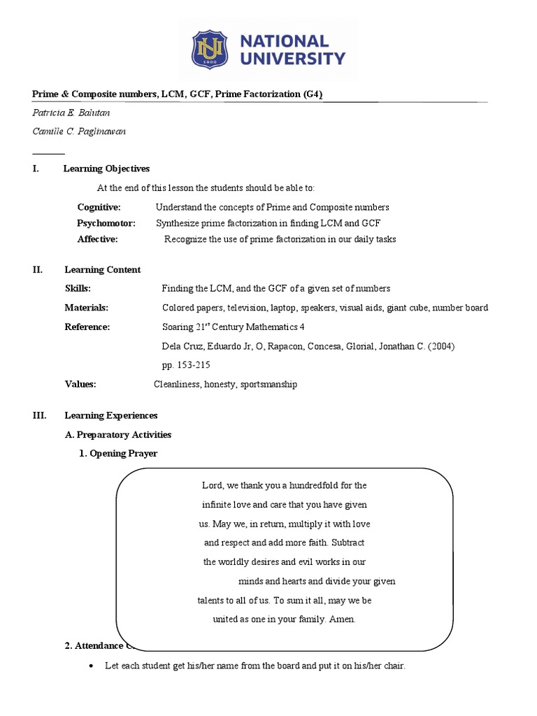 Mathematics Lesson Plan | PDF | Prime Number | Factorization