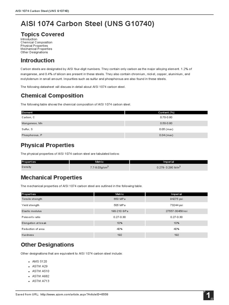 AISI 1074 Carbon Steel (UNS G10740) : Topics Covered | PDF | Steel ...
