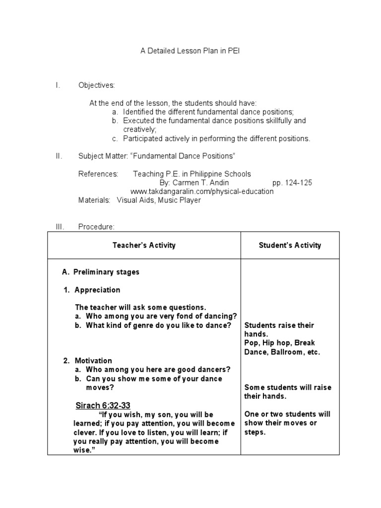 Fundamental Dance Position Lesson Plan | PDF | Lesson Plan | Dances