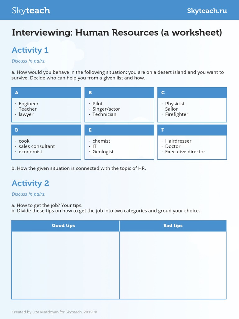 Interviewing: Human Resources (A Worksheet) : Activity 1 | PDF | Job ...