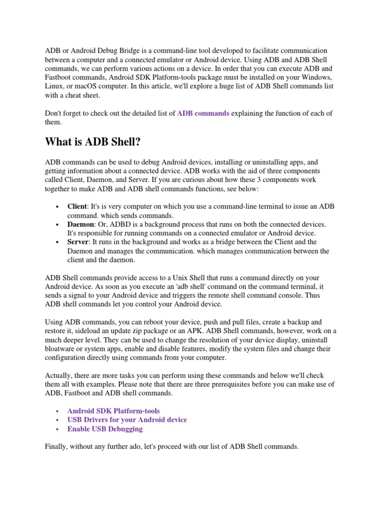 ADB Shell Commands List | PDF | Shell (Computing) | Screenshot