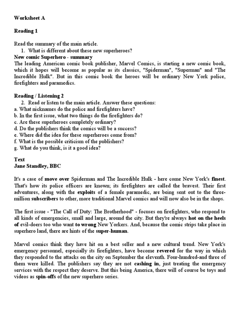 Worksheet A Reading 1 | PDF | Superheroes | Comic Book