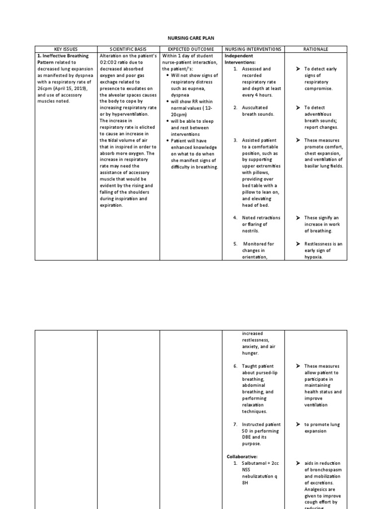 Nursing Care Plan: Ineffective Breathing Pattern Related To | PDF ...