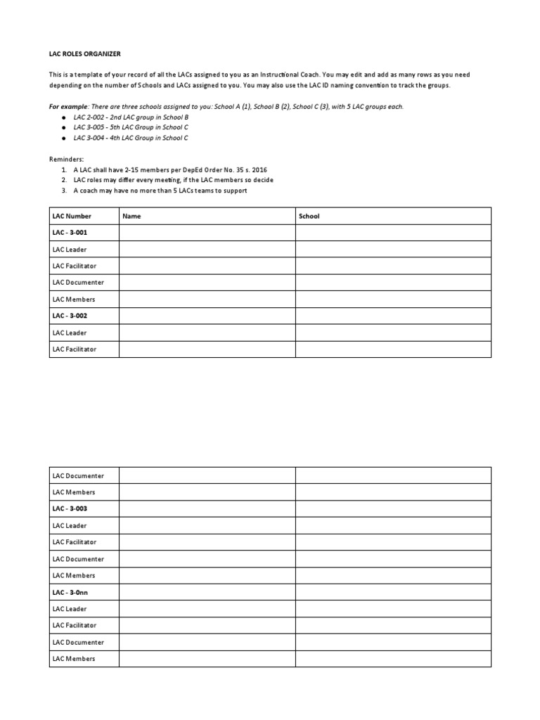 LAC Roles Organizer (W - School Heads) | PDF