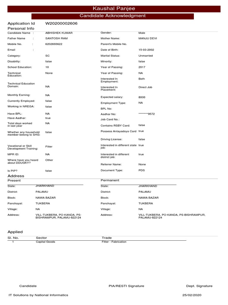 Kaushal Panjee: Candidate Acknowledgment | PDF | Labour