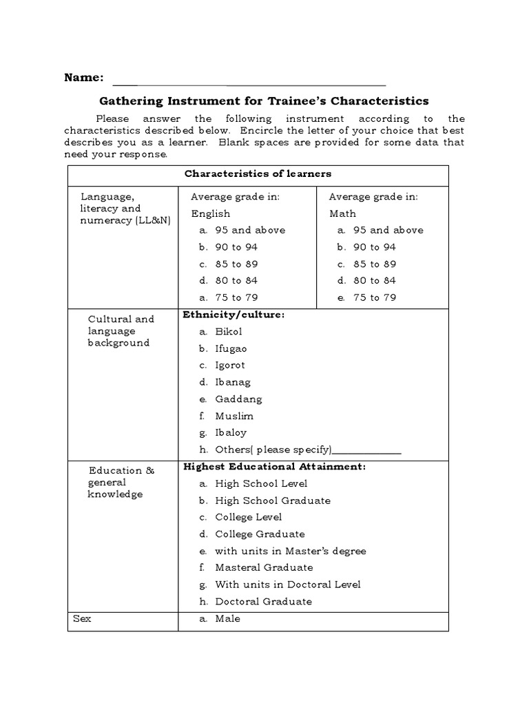 01 Gathering Instrument For Trainees Characteristics | PDF | Learning ...