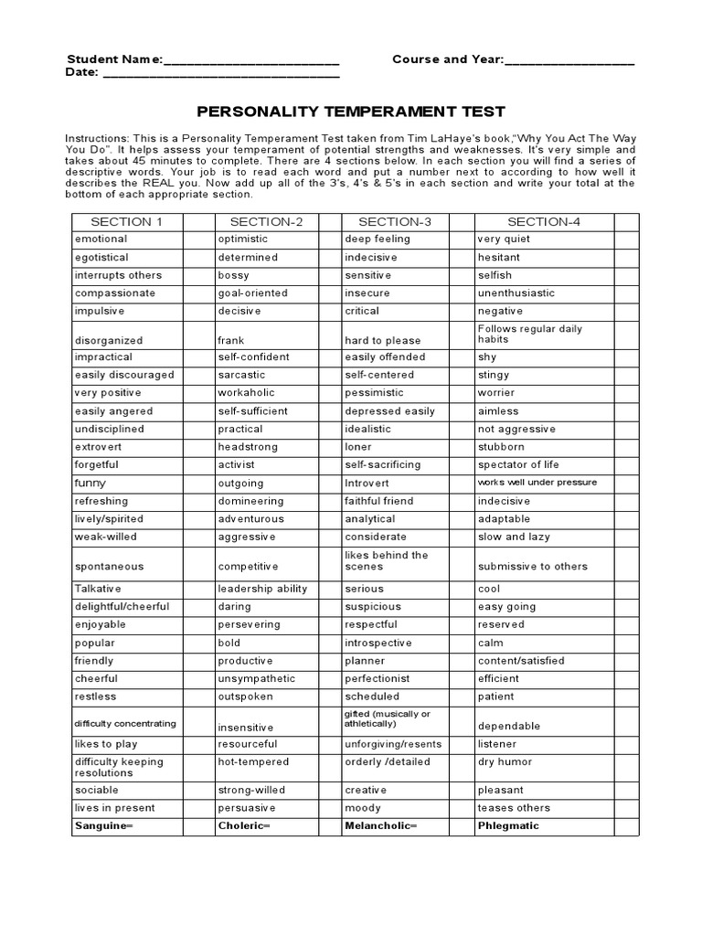 Personality Temperament Test: Section 1 Section-2 Section-3 Section-4 ...