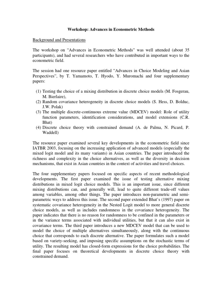 Workshop: Advances in Econometric Methods | PDF | Econometrics ... Workshop: Advances in Econometric Methods | PDF | Econometrics ...