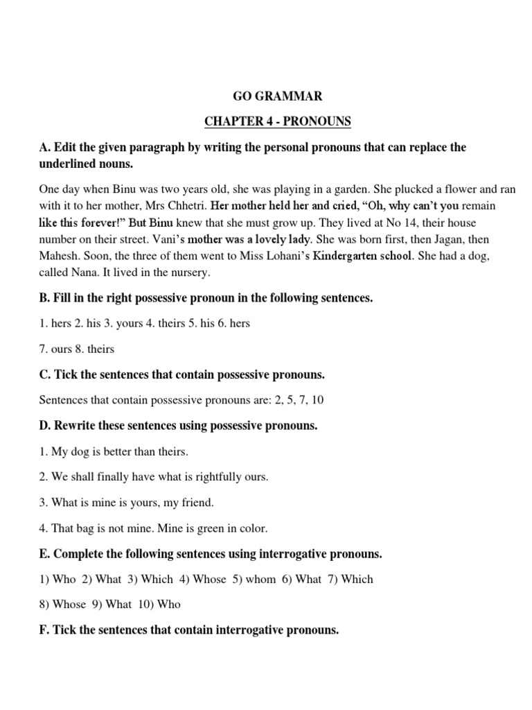 7th Class Go Grammar CH 4 Pronoun Ans Key | PDF | Pronoun | Object ...