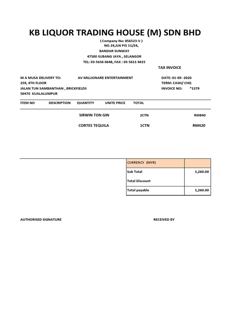 KB Liquor Trading House (M) SDN BHD: Tax Invoice | PDF