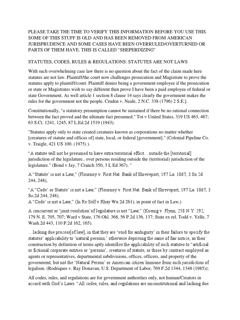 Statutes Codes Rules Regulations Are Not Law | PDF | Constitutionality ...
