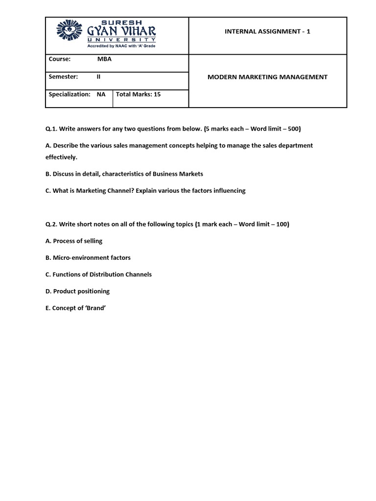 MBA Modern Marketing Management Assignment | PDF | Career & Growth ...