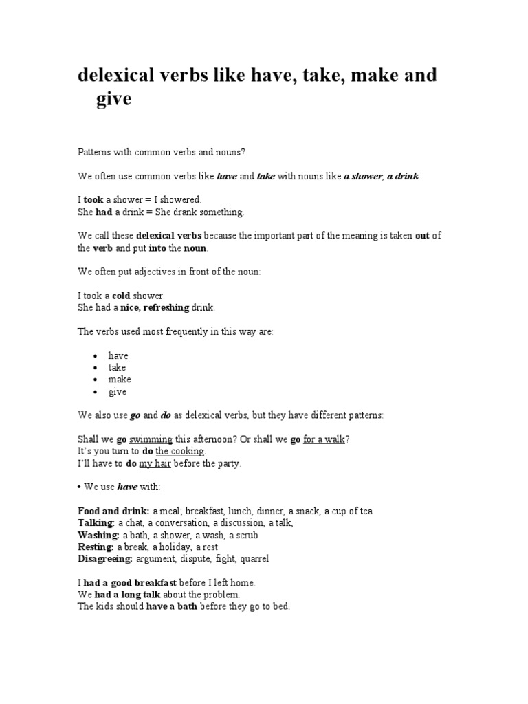 Delexical Verbs Like Have, Take, Make and Give | PDF | Verb | English ...