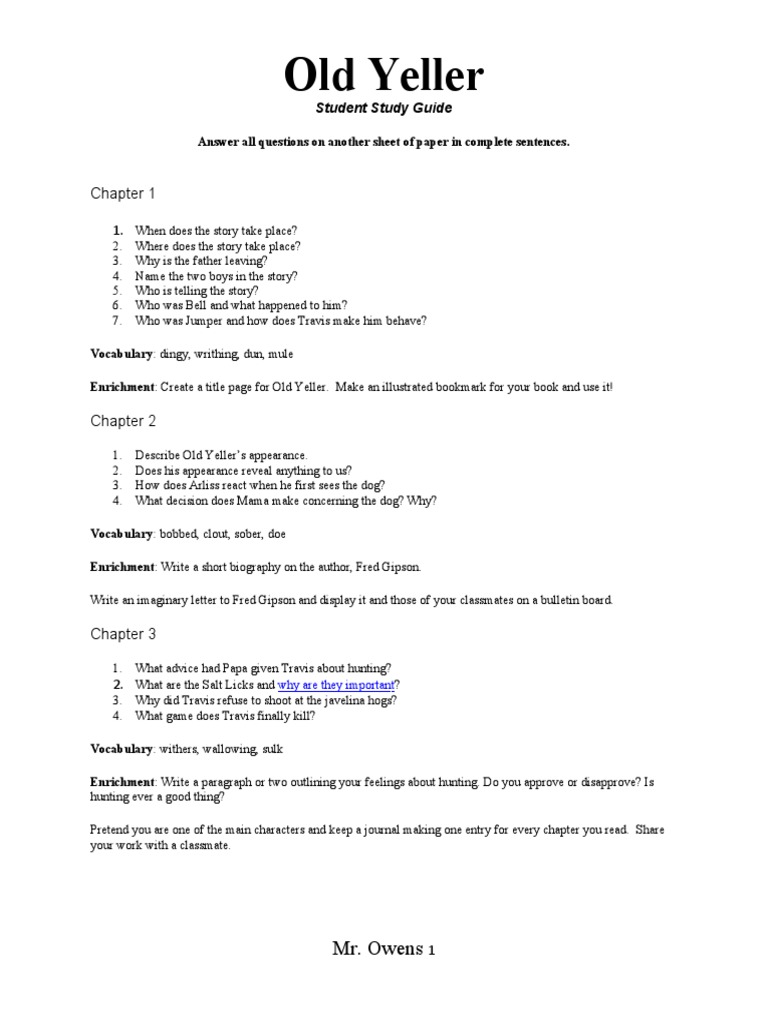 A Comprehensive Study Guide for the Novel Old Yeller | PDF | Livestock ...
