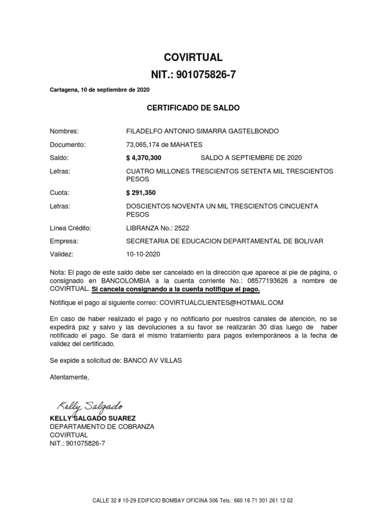 NCertificado de Saldo COVIRTUAL | PDF