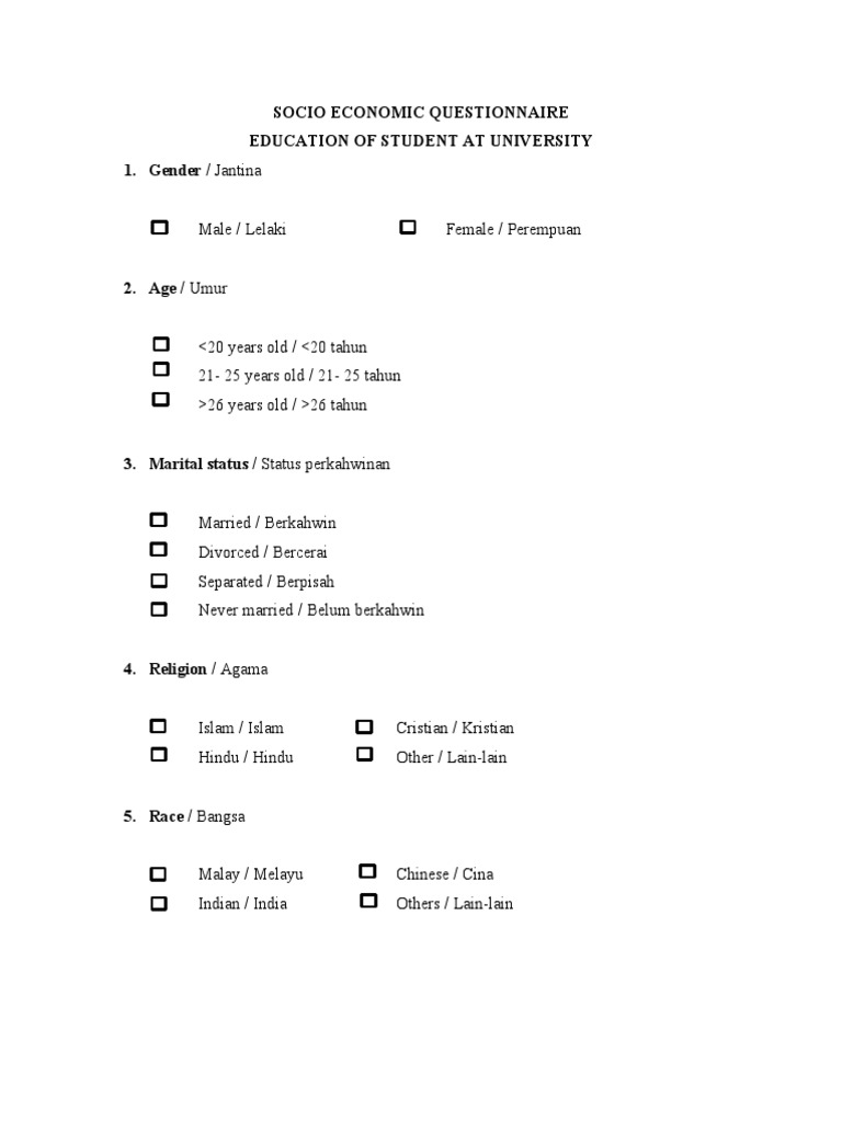 Socio Economic Questionnaire Education of Student at University 1 ...
