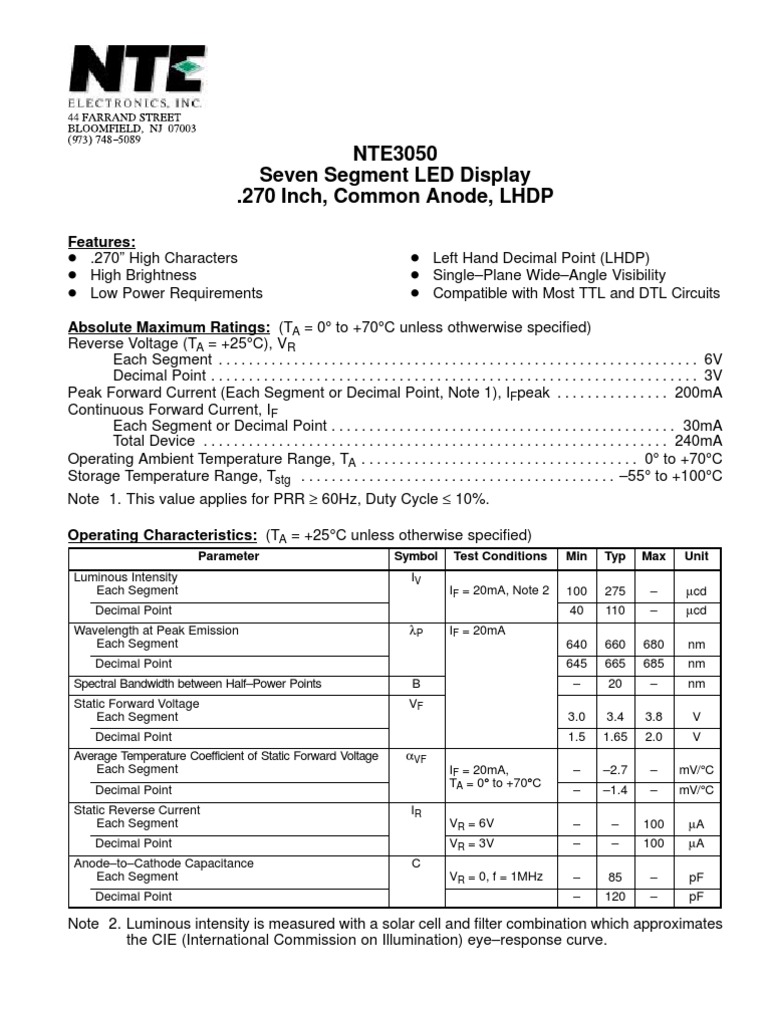 NTE3050 Seven Segment LED Display .270 Inch, Common Anode, LHDP | PDF | Cathode | Electrical ...