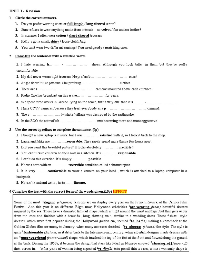 UNIT 1 - Revision: HFFFFF | PDF | Dress | Clothing