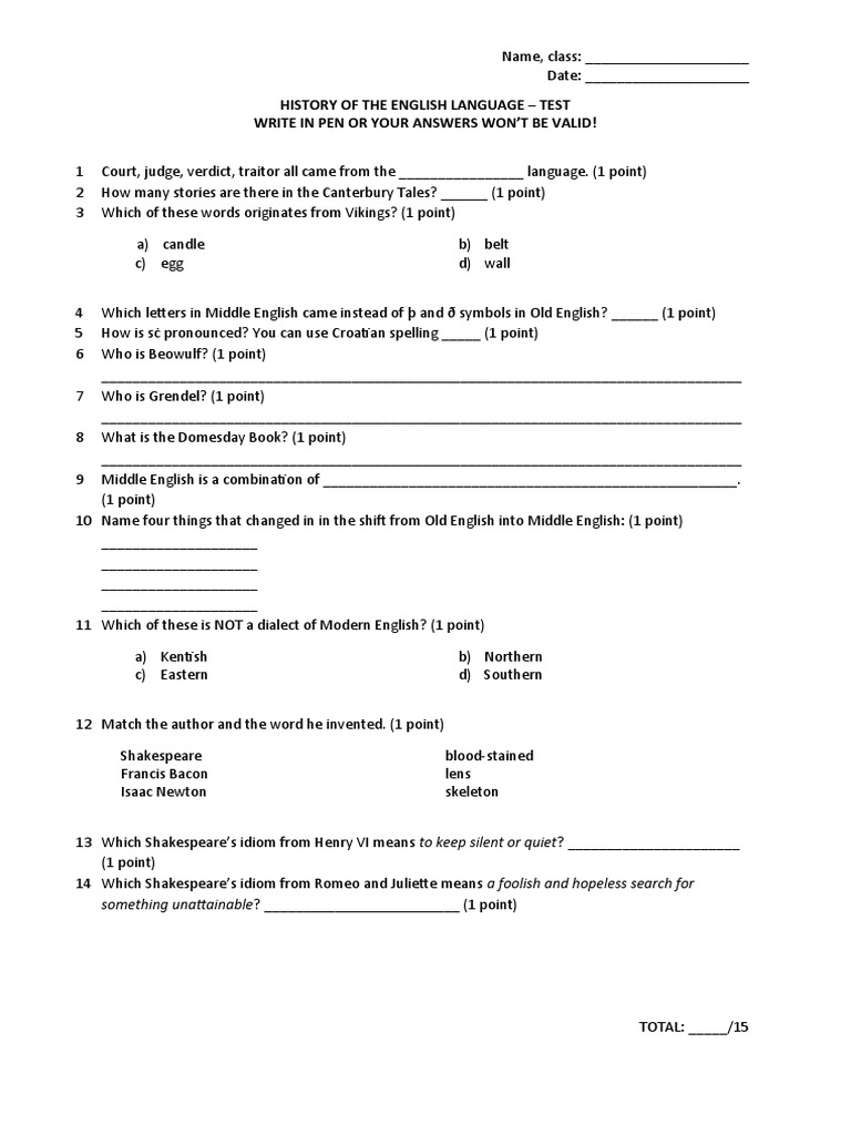 HISTORY OF THE ENGLISH LANGUAGE Test | PDF