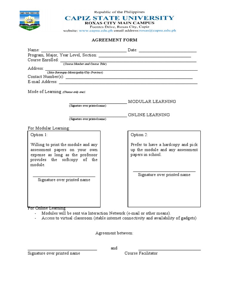 Agreement Form: (Course Number and Course Title) (Sitio-Barangay ...