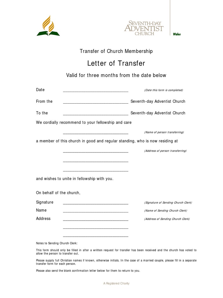 Sample Transfer Letter of Church Membership | PDF | Adventism ...