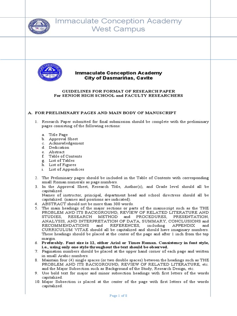 FORMAT FOR RESEARCH PAPER FOR SENIOR HIGH SCHOOL GRADE 11 AND GRADE 12 ...