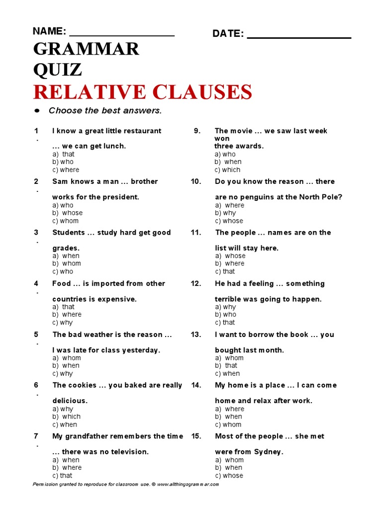 Atg Quiz Relative Clauses Word | PDF