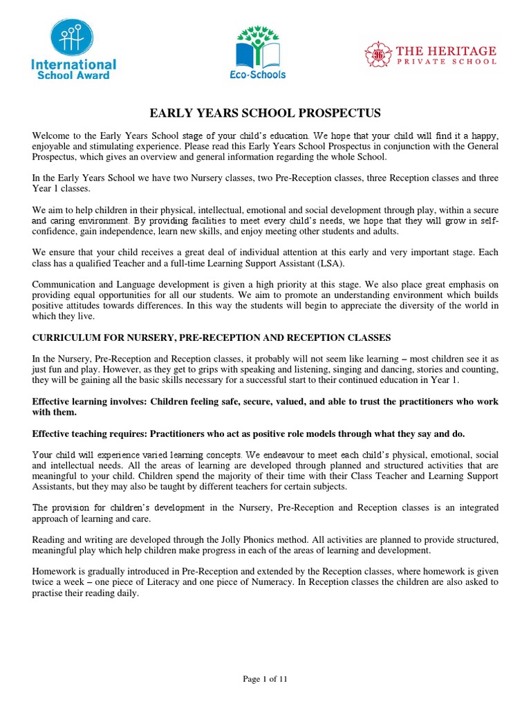 Early Years School Prospectus (Updated 030215) | PDF | Preschool | Teachers