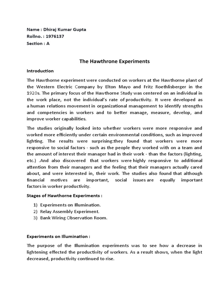 Overview of the Hawthorne Experiments | PDF | Cognition | Psychological ...