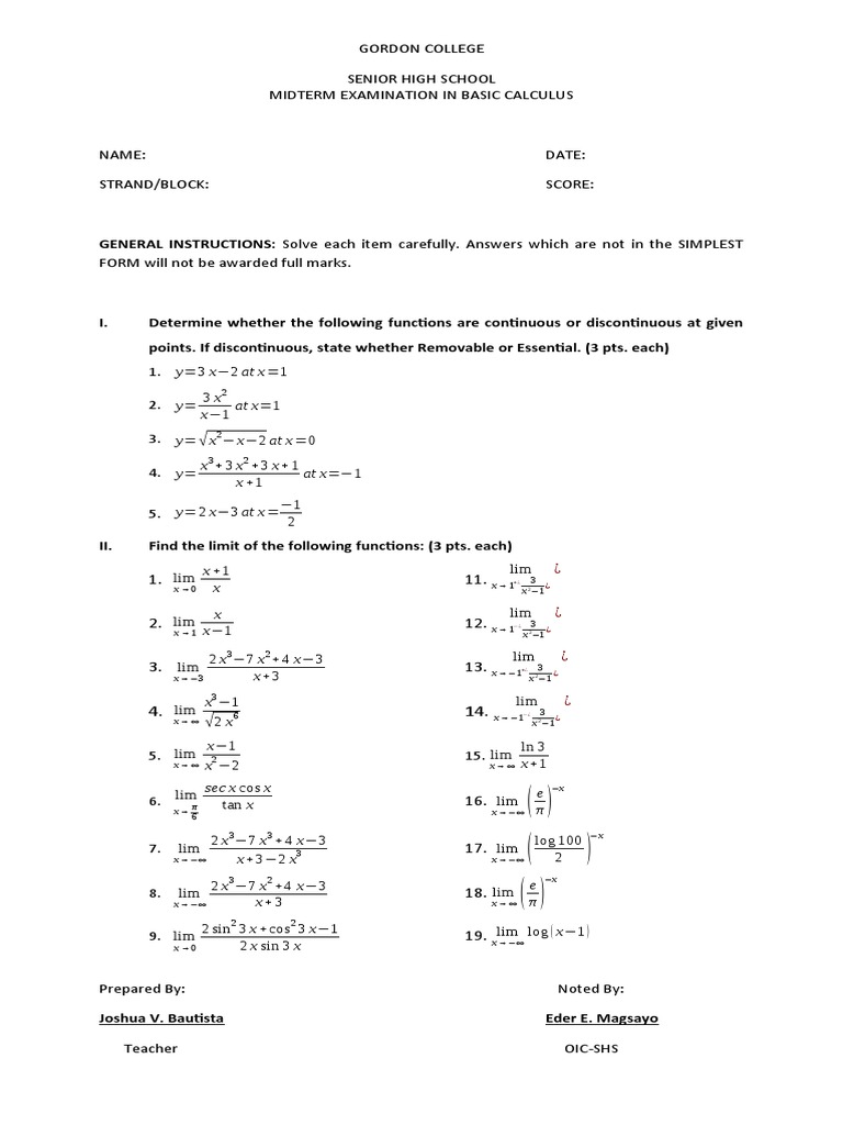 Basic Cal Exam | PDF | Teaching Mathematics
