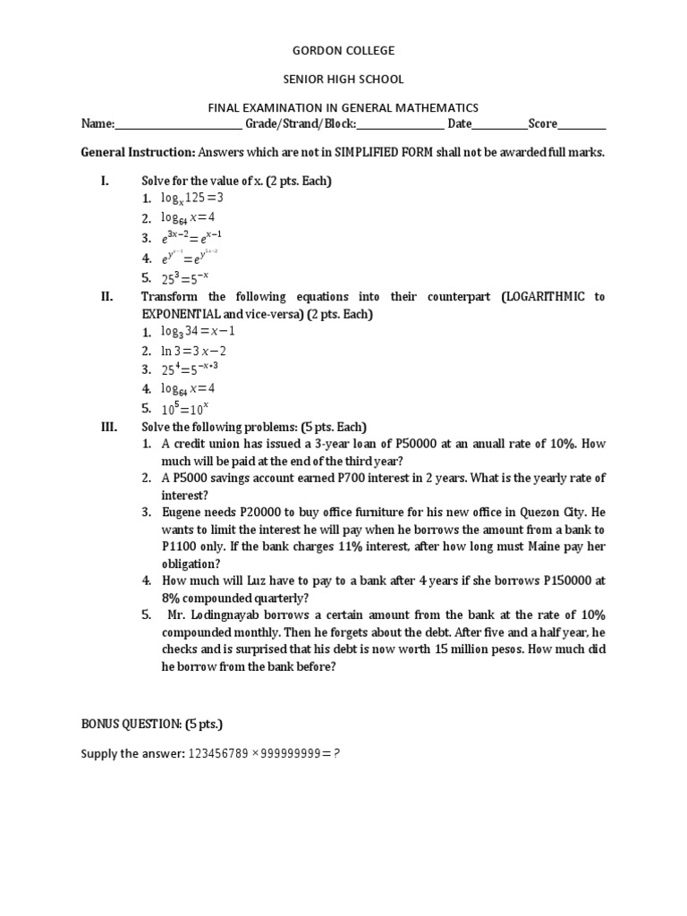 General Mathematics Final Exam Guide | PDF | Teaching Methods & Materials