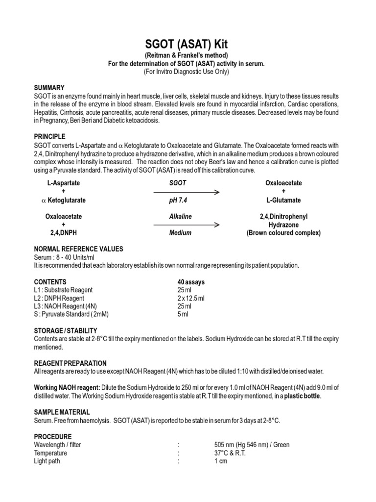 SGOT ASAT Kit Reitman Frankel Method | PDF | Sodium Hydroxide | Chemistry