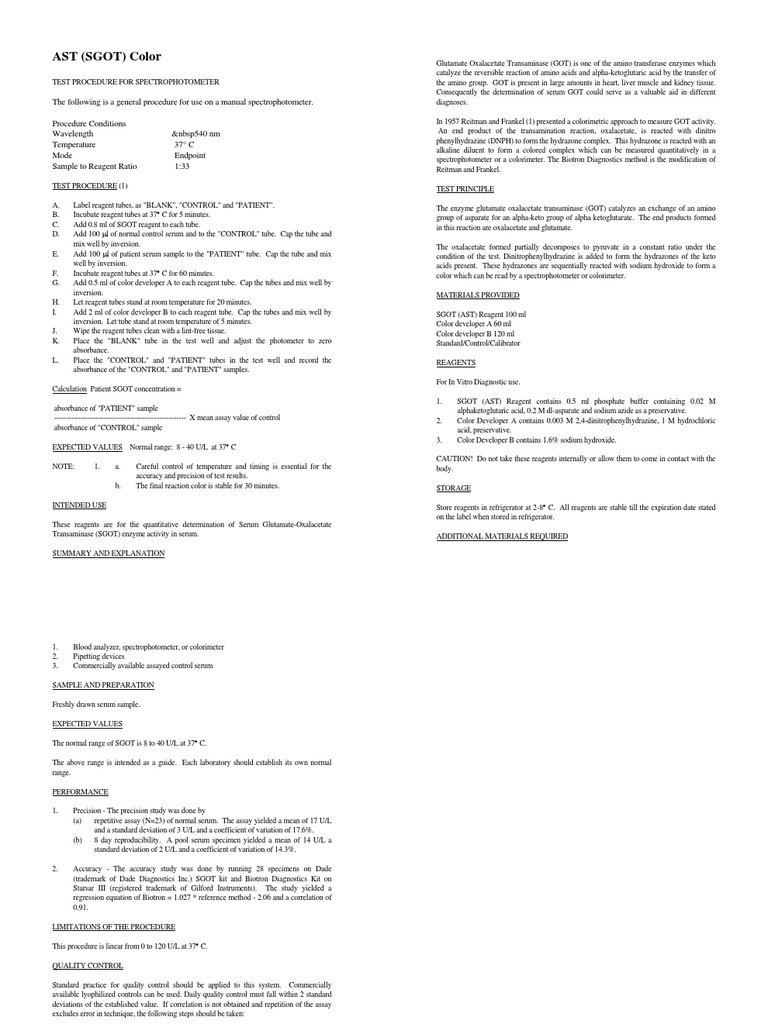 Ast (Sgot) Color | PDF | Transaminase | Chemistry