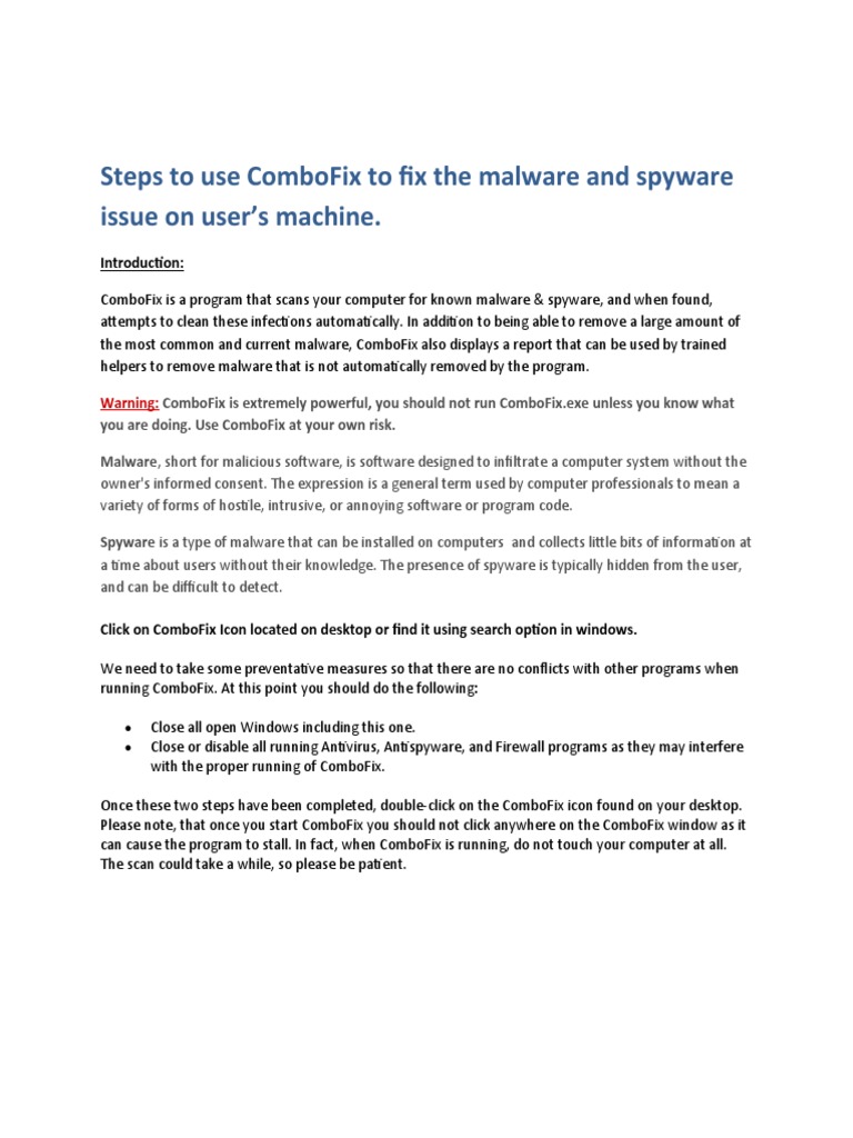 Steps To Use Combofix To Fix The Malware and Spyware Issue On User'S Machine | PDF | Spyware ...