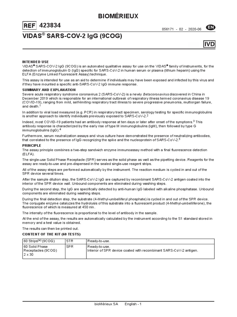 VIDAS SARS-COV-2 IgG Package Insert | PDF | Sensitivity And Specificity ...