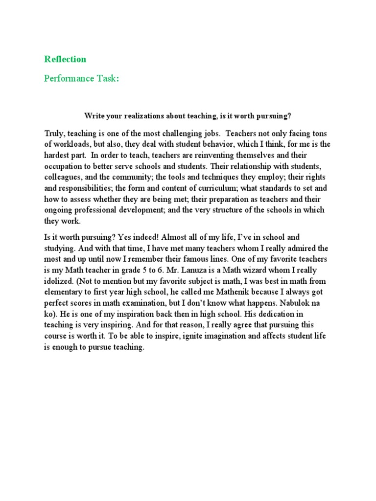 Performance Task:: Reflection | PDF