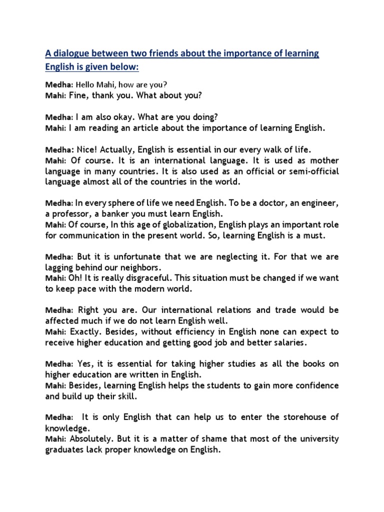 A Dialogue Between Two Friends About The Importance of Learning English ...