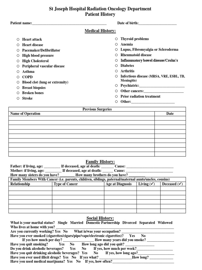 St Joseph Hospital Patient History Form | PDF | Urinary Incontinence ...
