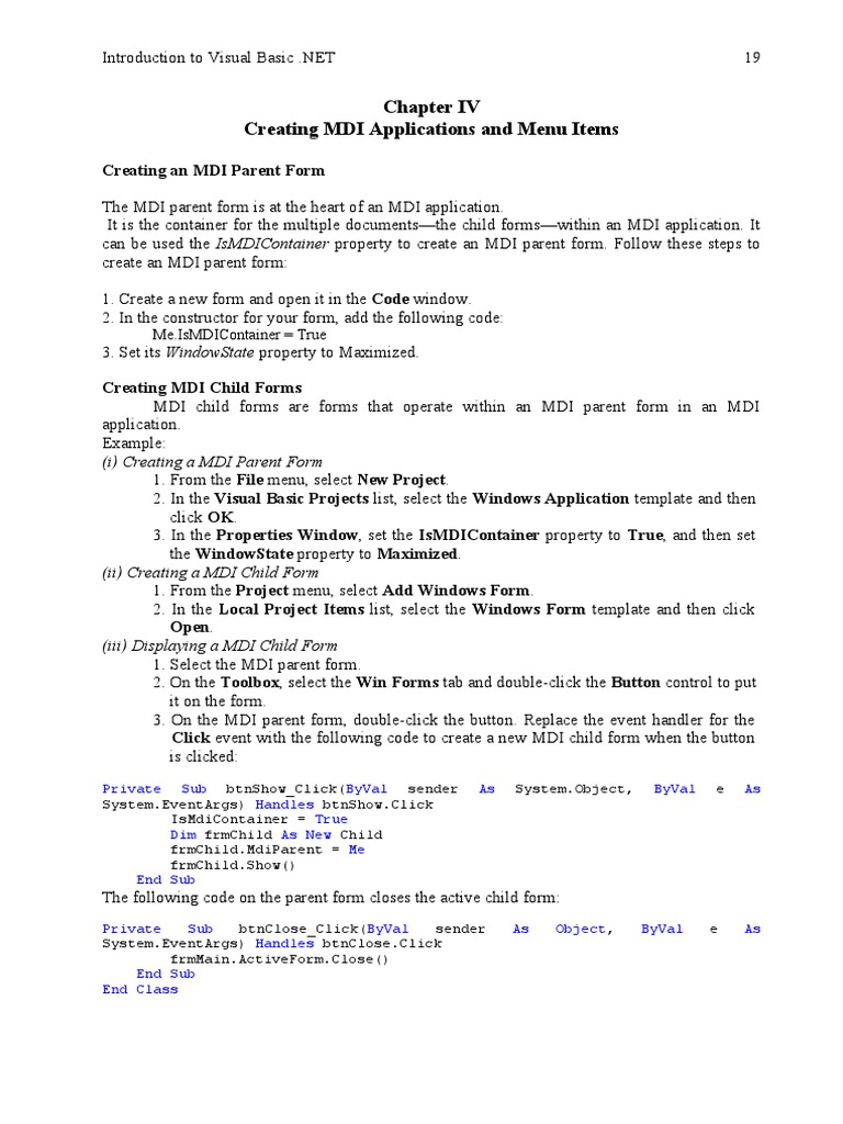 Creating MDI Applications and Menu Items | PDF | Visual Basic .Net | Menu (Computing)