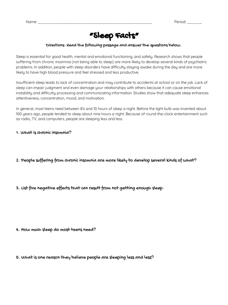 "Sleep Facts": Directions: Read The Following Passage and Answer The ...