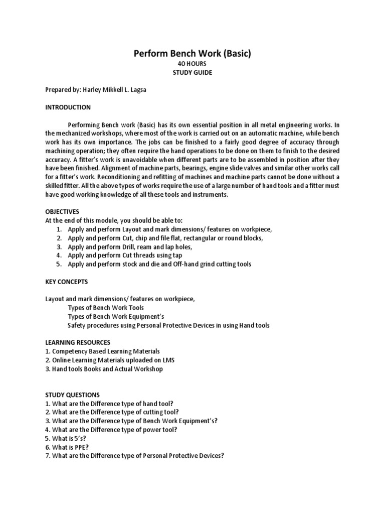 Study Guide For Perform Bench Work (Basic) | PDF | Machining | Learning